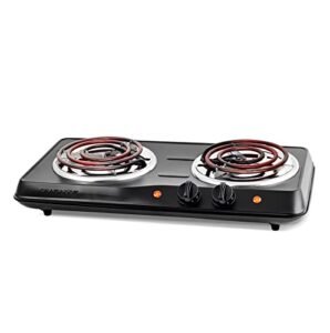 ovente electric double coil burner 6 & 5.75 inch hot plate cooktop with temperature control and easy to clean stainless steel base, 1700w portable countertop stove for home or dorm, black bgc102b