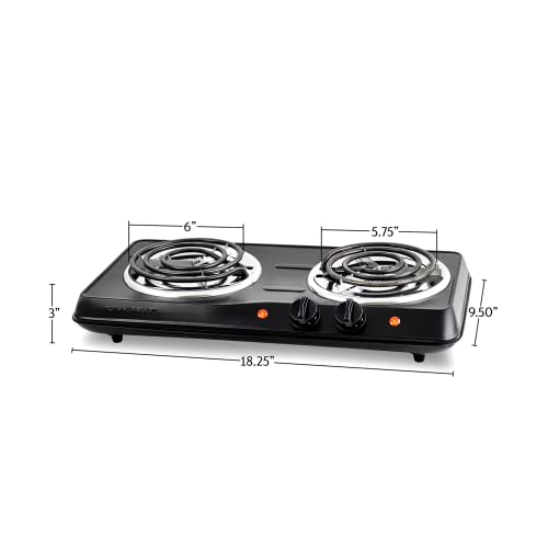 Ovente Electric Double Coil Burner 6 & 5.75 Inch Hot Plate Cooktop with Temperature Control and Easy to Clean Stainless Steel Base, 1700W Portable Countertop Stove for Home or Dorm, Black BGC102B