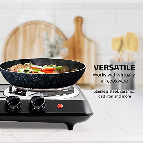 Ovente Electric Double Coil Burner 6 & 5.75 Inch Hot Plate Cooktop with Temperature Control and Easy to Clean Stainless Steel Base, 1700W Portable Countertop Stove for Home or Dorm, Black BGC102B