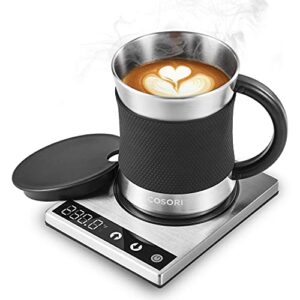 cosori coffee mug warmer & mug set, beverage cup warmer for desk home office use, coffee gifts, electric 24 watt, touch tech & lcd digital display, 304 stainless steel, 17 oz, mug lid