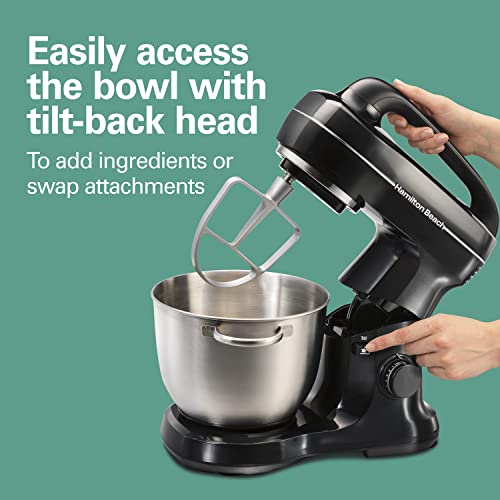 Hamilton Beach Electric Stand Mixer, 4 Quarts, Dough Hook, Flat Beater Attachments, Splash Guard 7 Speeds with Whisk, Black with Top Handle