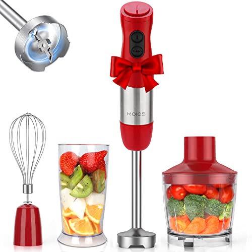 KOIOS 800W 4-in-1 Multifunctional Hand Immersion Blender, 12 Speed 304 Stainless Steel Stick Blender, Titanium Plated, 600ml Mixing Beaker, 500ml Food Processor, Whisk Attachment, BPA-Free, Red