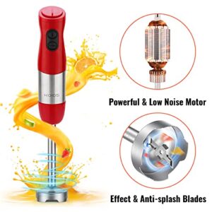 KOIOS 800W 4-in-1 Multifunctional Hand Immersion Blender, 12 Speed 304 Stainless Steel Stick Blender, Titanium Plated, 600ml Mixing Beaker, 500ml Food Processor, Whisk Attachment, BPA-Free, Red