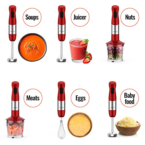 KOIOS 800W 4-in-1 Multifunctional Hand Immersion Blender, 12 Speed 304 Stainless Steel Stick Blender, Titanium Plated, 600ml Mixing Beaker, 500ml Food Processor, Whisk Attachment, BPA-Free, Red