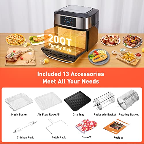 GLUCK Air Fryer Oven,10-in-1 20 QT Airfryer Toaster Oven with Visible Cooking Window,Large Air Fryer Toaster Oven Combo with Recipes & 13 Accessories ， ETL Certification