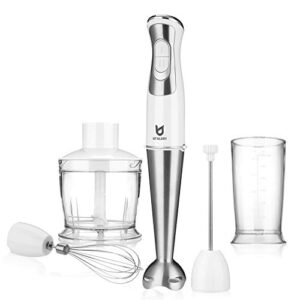 immersion hand blender, utalent 5-in-1 8-speed stick blender with 500ml food grinder, bpa-free, 600ml container,milk frother,egg whisk ,puree infant food, smoothies, sauces and soups – white