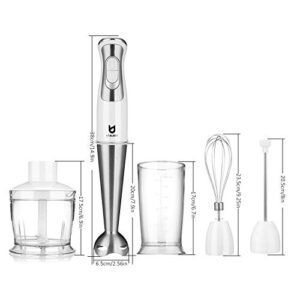 Immersion Hand Blender, UTALENT 5-in-1 8-Speed Stick Blender with 500ml Food Grinder, BPA-Free, 600ml Container,Milk Frother,Egg Whisk ,Puree Infant Food, Smoothies, Sauces and Soups - White