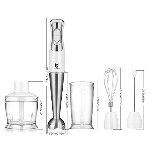 Immersion Hand Blender, UTALENT 5-in-1 8-Speed Stick Blender with 500ml Food Grinder, BPA-Free, 600ml Container,Milk Frother,Egg Whisk ,Puree Infant Food, Smoothies, Sauces and Soups - White