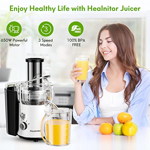 650W 3 Speeds Juicer Machines Vegetable and Fruit, Healnitor Centrifugal Juice Extractor with Big Mouth 3” Feed Chute, Easy to Clean, BPA-Free Compact Centrifugal Juice Maker, White