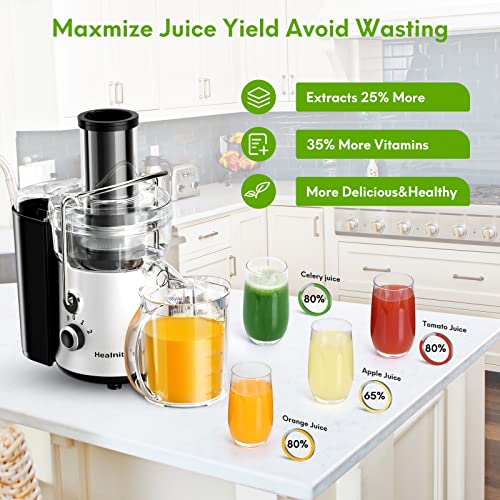 650W 3 Speeds Juicer Machines Vegetable and Fruit, Healnitor Centrifugal Juice Extractor with Big Mouth 3” Feed Chute, Easy to Clean, BPA-Free Compact Centrifugal Juice Maker, White