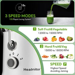 650W 3 Speeds Juicer Machines Vegetable and Fruit, Healnitor Centrifugal Juice Extractor with Big Mouth 3” Feed Chute, Easy to Clean, BPA-Free Compact Centrifugal Juice Maker, White