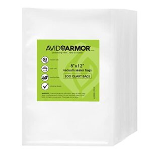 avid armor – vacuum sealer bags, vac seal bags for food storage, meal saver freezer vacuum sealer bags, quart size sous vide bags vacuum sealer, non-bpa, 8 x 12 inches, pack of 200