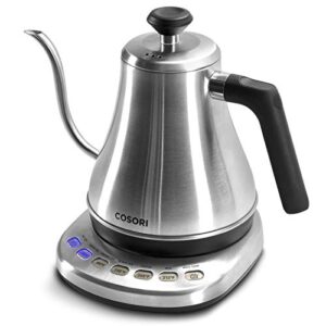 cosori electric gooseneck kettle with 5 variable presets, pour over kettle & coffee kettle, 100% stainless steel inner lid & bottom, 1200 watt quick heating, 0.8l, silver