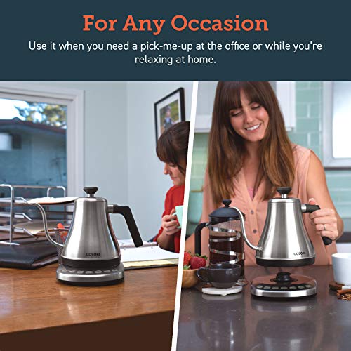 COSORI Electric Gooseneck Kettle with 5 Variable Presets, Pour Over Kettle & Coffee Kettle, 100% Stainless Steel Inner Lid & Bottom, 1200 Watt Quick Heating, 0.8L, Silver