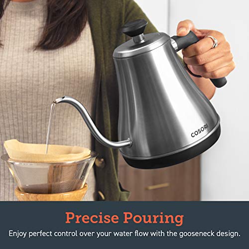 COSORI Electric Gooseneck Kettle with 5 Variable Presets, Pour Over Kettle & Coffee Kettle, 100% Stainless Steel Inner Lid & Bottom, 1200 Watt Quick Heating, 0.8L, Silver