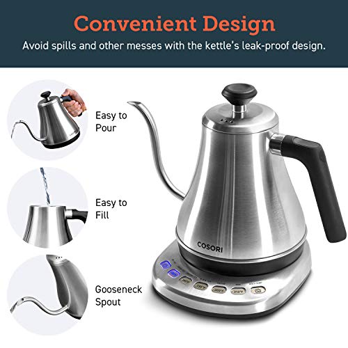 COSORI Electric Gooseneck Kettle with 5 Variable Presets, Pour Over Kettle & Coffee Kettle, 100% Stainless Steel Inner Lid & Bottom, 1200 Watt Quick Heating, 0.8L, Silver