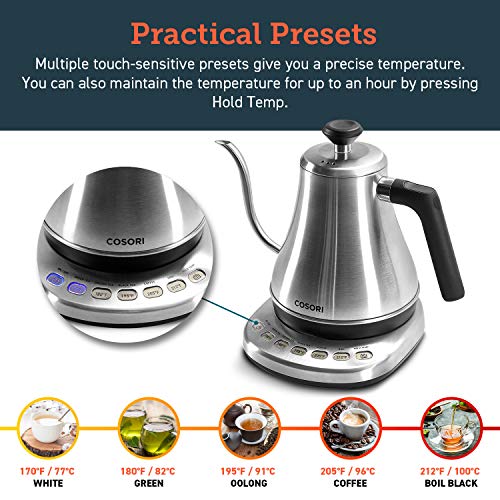 COSORI Electric Gooseneck Kettle with 5 Variable Presets, Pour Over Kettle & Coffee Kettle, 100% Stainless Steel Inner Lid & Bottom, 1200 Watt Quick Heating, 0.8L, Silver