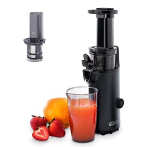 dash deluxe compact masticating slow juicer, easy to clean cold press juicer with brush, pulp measuring cup, frozen attachment and juice recipe guide – black