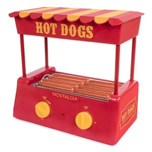 nostalgia countertop hot dog roller and warmer, 8 regular sized hot dogs, 4 foot long hot dogs and 6 bun capacity, stainless steel rollers, perfect for breakfast sausages, brats, taquitos, egg rolls