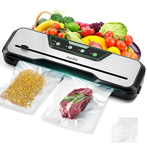 80kPa Vacuum-Sealer-Machine with Starter Kits, Aeitto 8-In-1 Food Vacuum Sealer, with 15 Bags, Pulse Function, Moist&Dry Mode and External VAC for Jars and Containers | Build-in Cutter | LED Indicator | Easy to Clean | Sous Vide