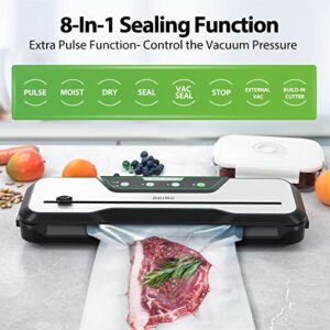 80kPa Vacuum-Sealer-Machine with Starter Kits, Aeitto 8-In-1 Food Vacuum Sealer, with 15 Bags, Pulse Function, Moist&Dry Mode and External VAC for Jars and Containers | Build-in Cutter | LED Indicator | Easy to Clean | Sous Vide