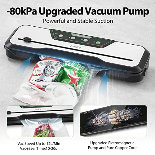 80kPa Vacuum-Sealer-Machine with Starter Kits, Aeitto 8-In-1 Food Vacuum Sealer, with 15 Bags, Pulse Function, Moist&Dry Mode and External VAC for Jars and Containers | Build-in Cutter | LED Indicator | Easy to Clean | Sous Vide