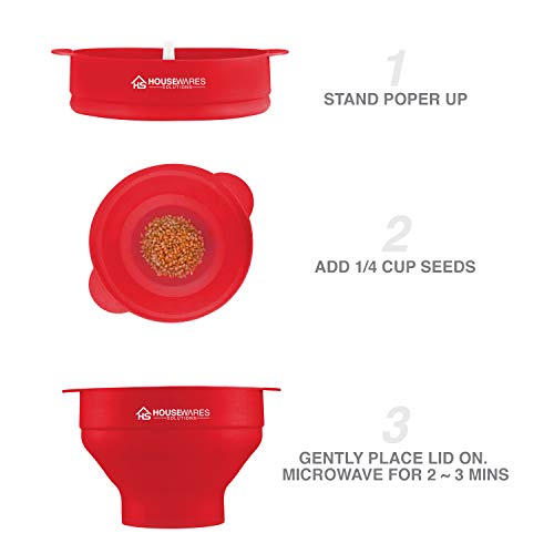 Collapsible Silicone Microwave Hot Air Popcorn Popper Bowl With Lid and Handles - Red