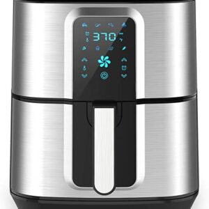 Kitcher 6.8Qt Air Fryer, Hot Air Fryer with 8 Cooking Functions Temperature Timer Control Led Touch Screen 50 Recipes, Stainless Steel Silver