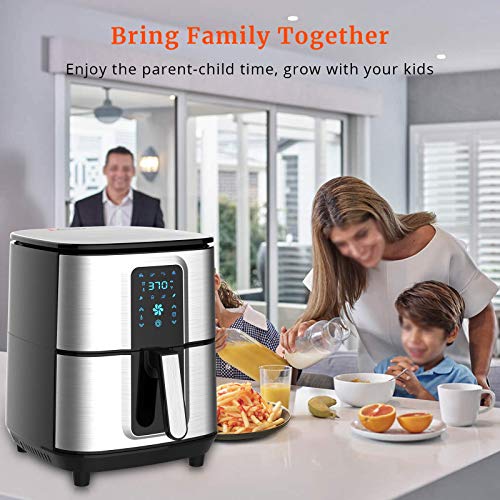 Kitcher 6.8Qt Air Fryer, Hot Air Fryer with 8 Cooking Functions Temperature Timer Control Led Touch Screen 50 Recipes, Stainless Steel Silver