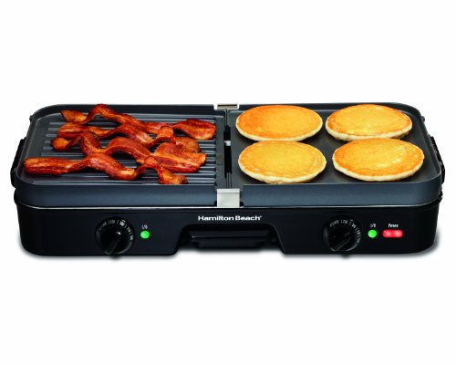 Hamilton Beach 3-in-1 Electric Indoor Grill + Griddle, 8-Serving, Reversible Nonstick Plates, 2 Cooking Zones with Adjustable Temperature (38546), Black