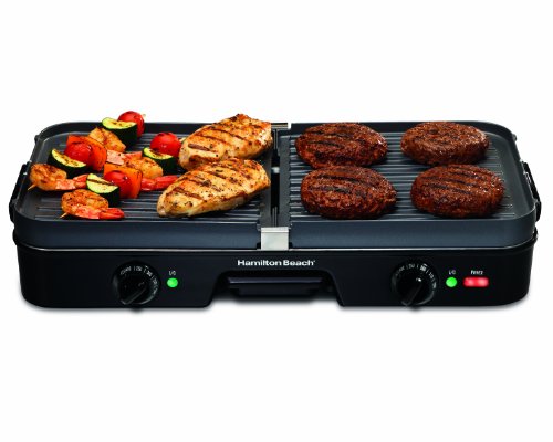 Hamilton Beach 3-in-1 Electric Indoor Grill + Griddle, 8-Serving, Reversible Nonstick Plates, 2 Cooking Zones with Adjustable Temperature (38546), Black