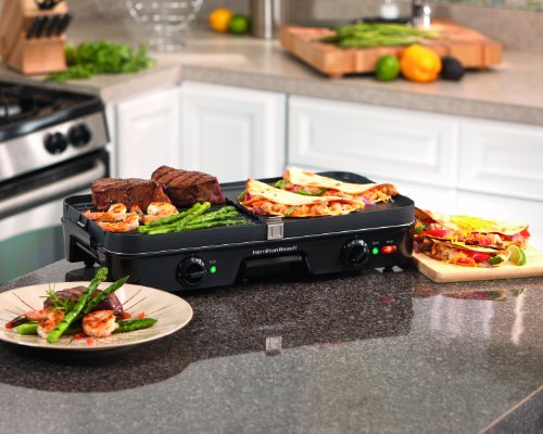 Hamilton Beach 3-in-1 Electric Indoor Grill + Griddle, 8-Serving, Reversible Nonstick Plates, 2 Cooking Zones with Adjustable Temperature (38546), Black