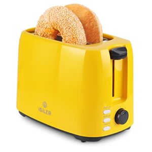 isiler 2 slice toaster, 1.3 inches wide slot bagel toaster with 7 shade settings and double side baking, compact bread toaster with removable crumb tray, defrost cancel function yellow