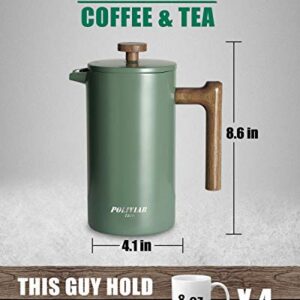 POLIVIAR French Press Coffee Maker, 34 oz Coffee Press with Real Wood Handle, Double Wall Insulation & Dual-Filter Screen, Food Grade Stainless Steel for Good Coffe and Tea (Flatland)