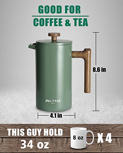 POLIVIAR French Press Coffee Maker, 34 oz Coffee Press with Real Wood Handle, Double Wall Insulation & Dual-Filter Screen, Food Grade Stainless Steel for Good Coffe and Tea (Flatland)