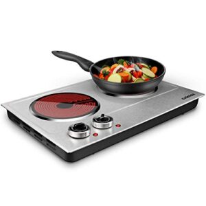 cusimax 1800w ceramic electric hot plate for cooking, dual control infrared cooktop, portable countertop burner, glass plate electric cooktop, silver, stainless steel-upgraded version