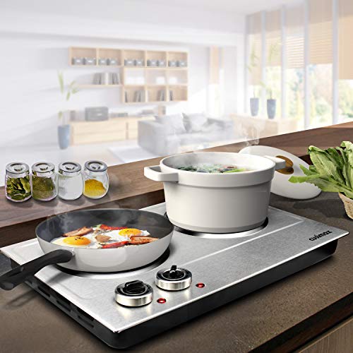 CUSIMAX 1800W Ceramic Electric Hot Plate for Cooking, Dual Control Infrared Cooktop, Portable Countertop Burner, Glass Plate Electric Cooktop, Silver, Stainless Steel-Upgraded Version