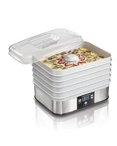 hamilton beach digital food dehydrator for fruit and jerky, vegetables and more, 5 trays, adjustable temperature, 48 hour timer + auto shutoff, grey (32100a)