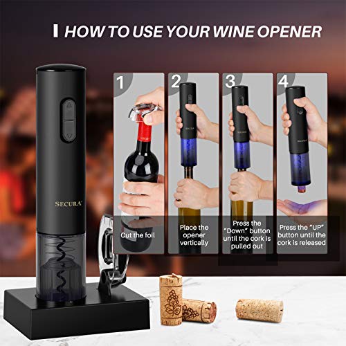 Secura Electric Wine Opener, Automatic Electric Wine Bottle Corkscrew Opener with Foil Cutter, Rechargeable (Black)