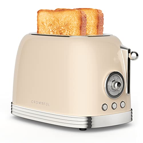 CROWNFUL 2-Slice Toaster, Extra Wide Slots Toaster, Retro Stainless Steel with Bagel, Cancel, Defrost, Reheat Function and 6-Shade Settings, Removal Crumb Tray, Cream