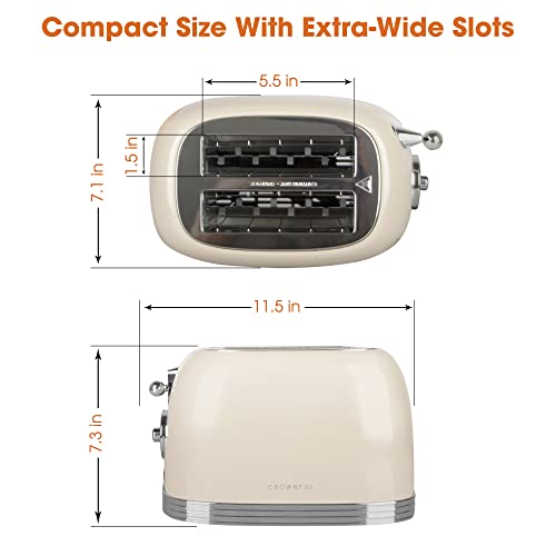 CROWNFUL 2-Slice Toaster, Extra Wide Slots Toaster, Retro Stainless Steel with Bagel, Cancel, Defrost, Reheat Function and 6-Shade Settings, Removal Crumb Tray, Cream