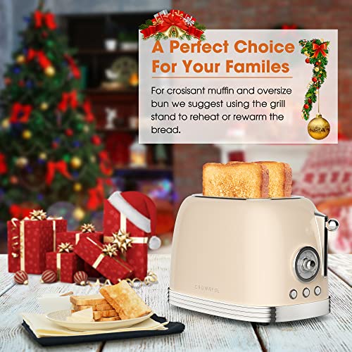 CROWNFUL 2-Slice Toaster, Extra Wide Slots Toaster, Retro Stainless Steel with Bagel, Cancel, Defrost, Reheat Function and 6-Shade Settings, Removal Crumb Tray, Cream