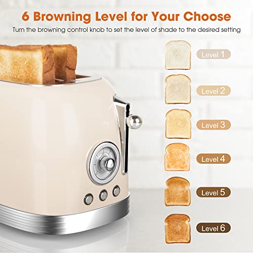 CROWNFUL 2-Slice Toaster, Extra Wide Slots Toaster, Retro Stainless Steel with Bagel, Cancel, Defrost, Reheat Function and 6-Shade Settings, Removal Crumb Tray, Cream