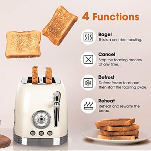 CROWNFUL 2-Slice Toaster, Extra Wide Slots Toaster, Retro Stainless Steel with Bagel, Cancel, Defrost, Reheat Function and 6-Shade Settings, Removal Crumb Tray, Cream