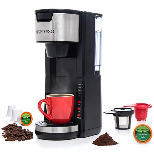 Mixpresso Single Serve 2 in 1 Coffee Brewer K-Cup Pods Compatible & Ground Coffee,Compact Coffee Maker Single Serve With 30 oz Detachable Reservoir, 5 Brew Size and Adjustable Drip Tray (Black)