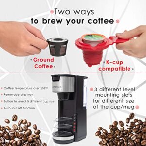 Mixpresso Single Serve 2 in 1 Coffee Brewer K-Cup Pods Compatible & Ground Coffee,Compact Coffee Maker Single Serve With 30 oz Detachable Reservoir, 5 Brew Size and Adjustable Drip Tray (Black)