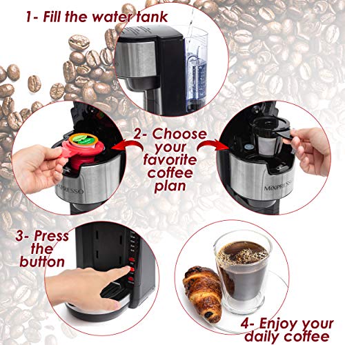 Mixpresso Single Serve 2 in 1 Coffee Brewer K-Cup Pods Compatible & Ground Coffee,Compact Coffee Maker Single Serve With 30 oz Detachable Reservoir, 5 Brew Size and Adjustable Drip Tray (Black)