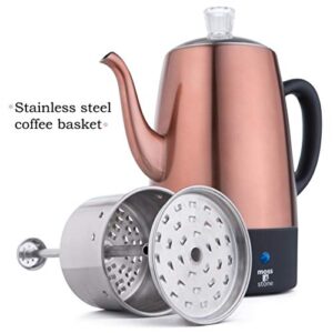 Moss & Stone Electric Coffee Percolator Copper Body with Stainless Steel Lids Coffee Maker | Percolator Electric Pot - 10 Cups, Copper Camping Coffee Pot