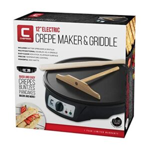 CHEFMAN Electric Crepe Maker: Precise Temp Control, 12" Non-Stick Griddle, Perfect for Crepes, Tortillas, Blintzes, Pancakes, Waffles, Eggs, Bacon, Batter Spreader & Spatula Included, Black