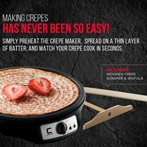 CHEFMAN Electric Crepe Maker: Precise Temp Control, 12" Non-Stick Griddle, Perfect for Crepes, Tortillas, Blintzes, Pancakes, Waffles, Eggs, Bacon, Batter Spreader & Spatula Included, Black